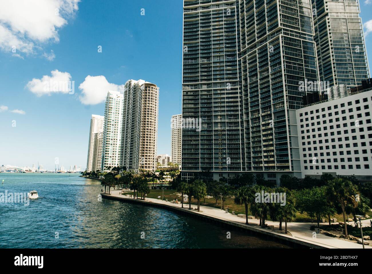 Downtown Miami along the Miami River inlet with Brickell Key in the ...