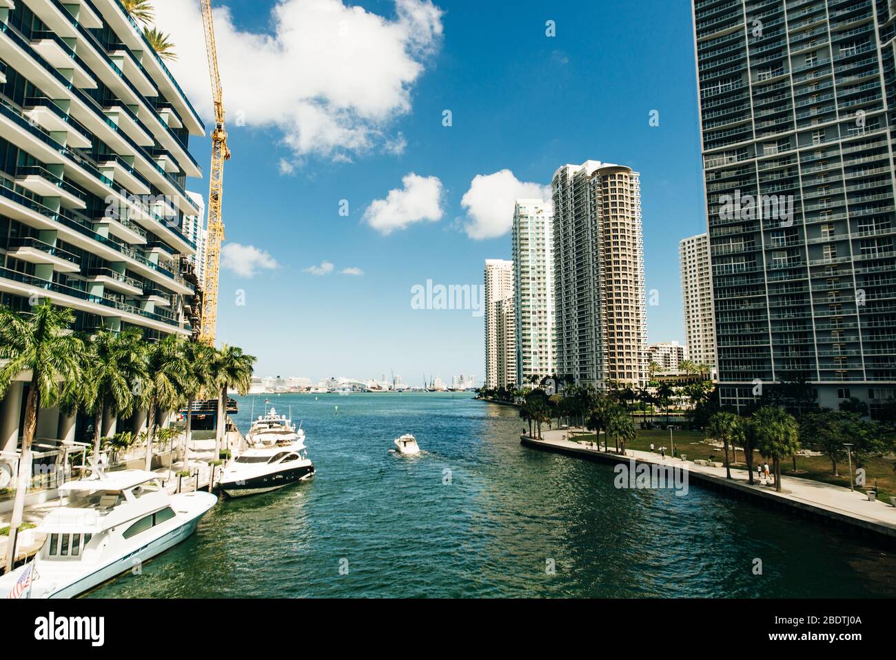 Downtown Miami along the Miami River inlet with Brickell Key in the ...