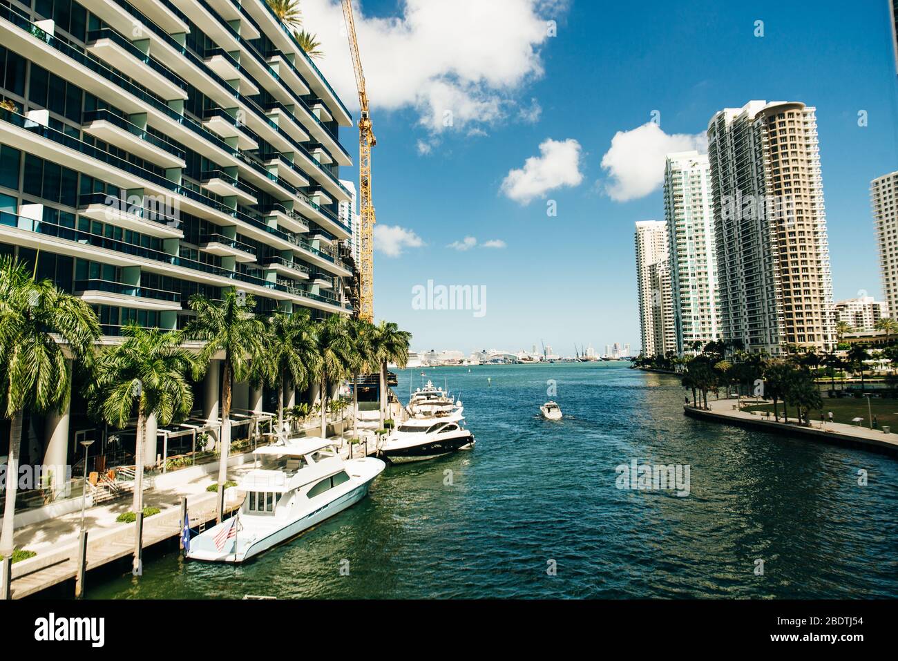 Downtown Miami along the Miami River inlet with Brickell Key in the ...