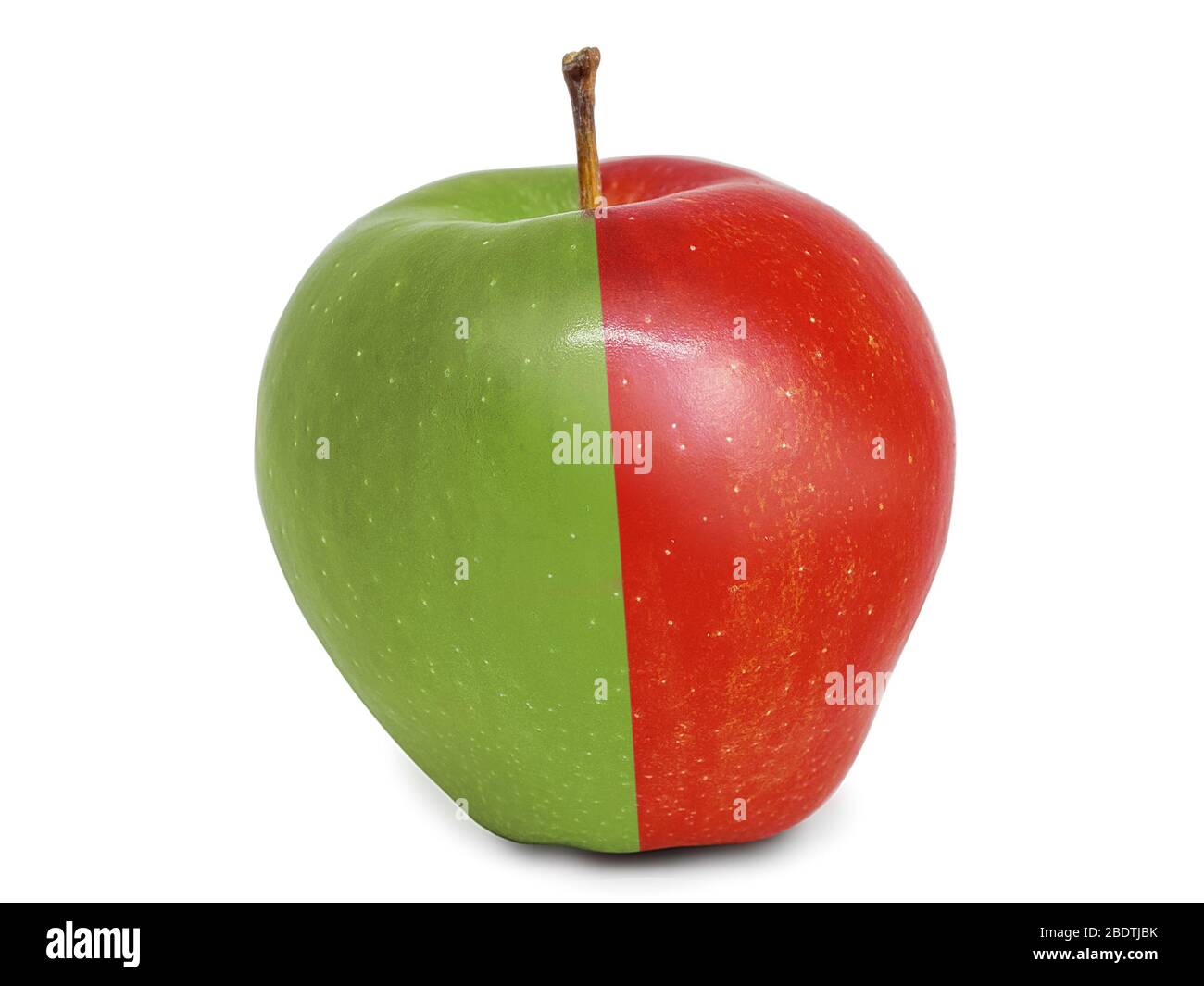 The beautiful apple is one half green and the other is red on a white ...