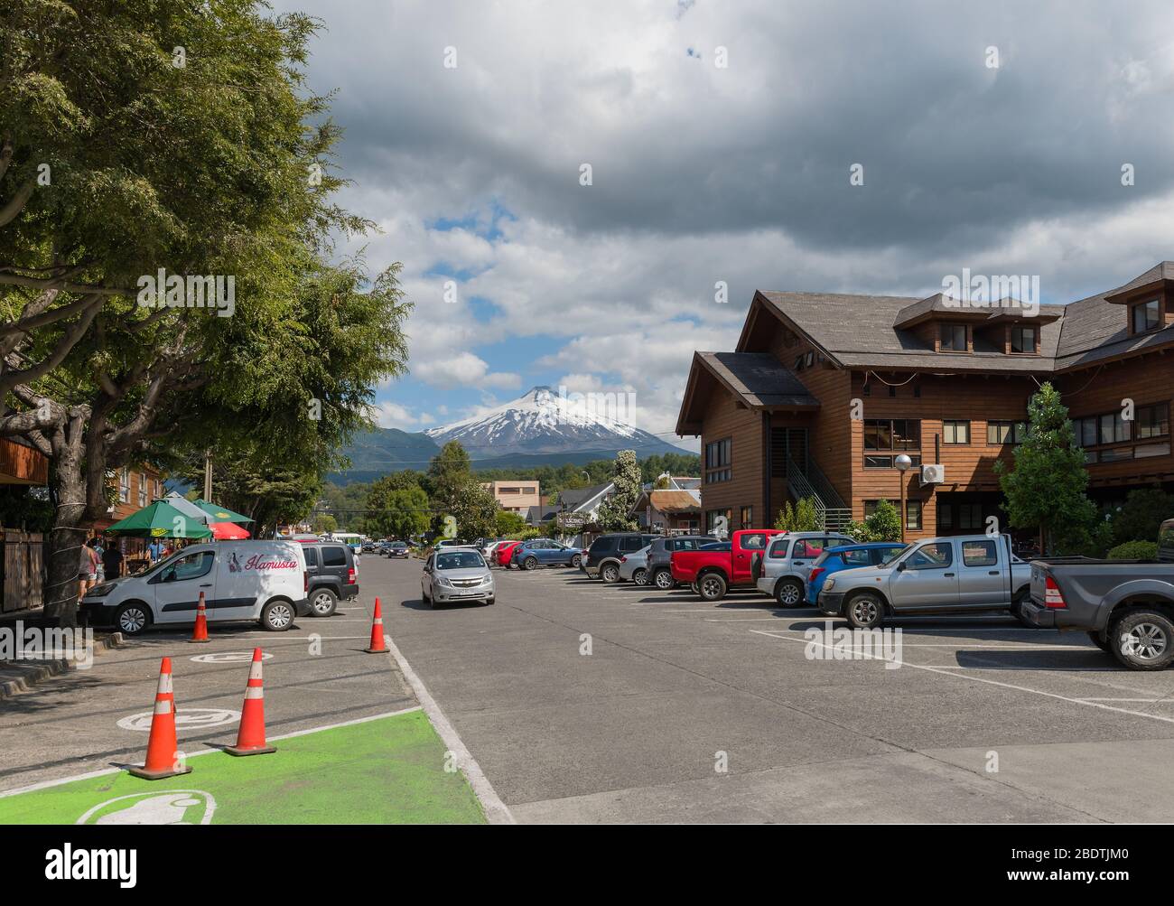 cityscape of Pucon and volcan villarrica, Patagonia, Chile Stock Photo ...