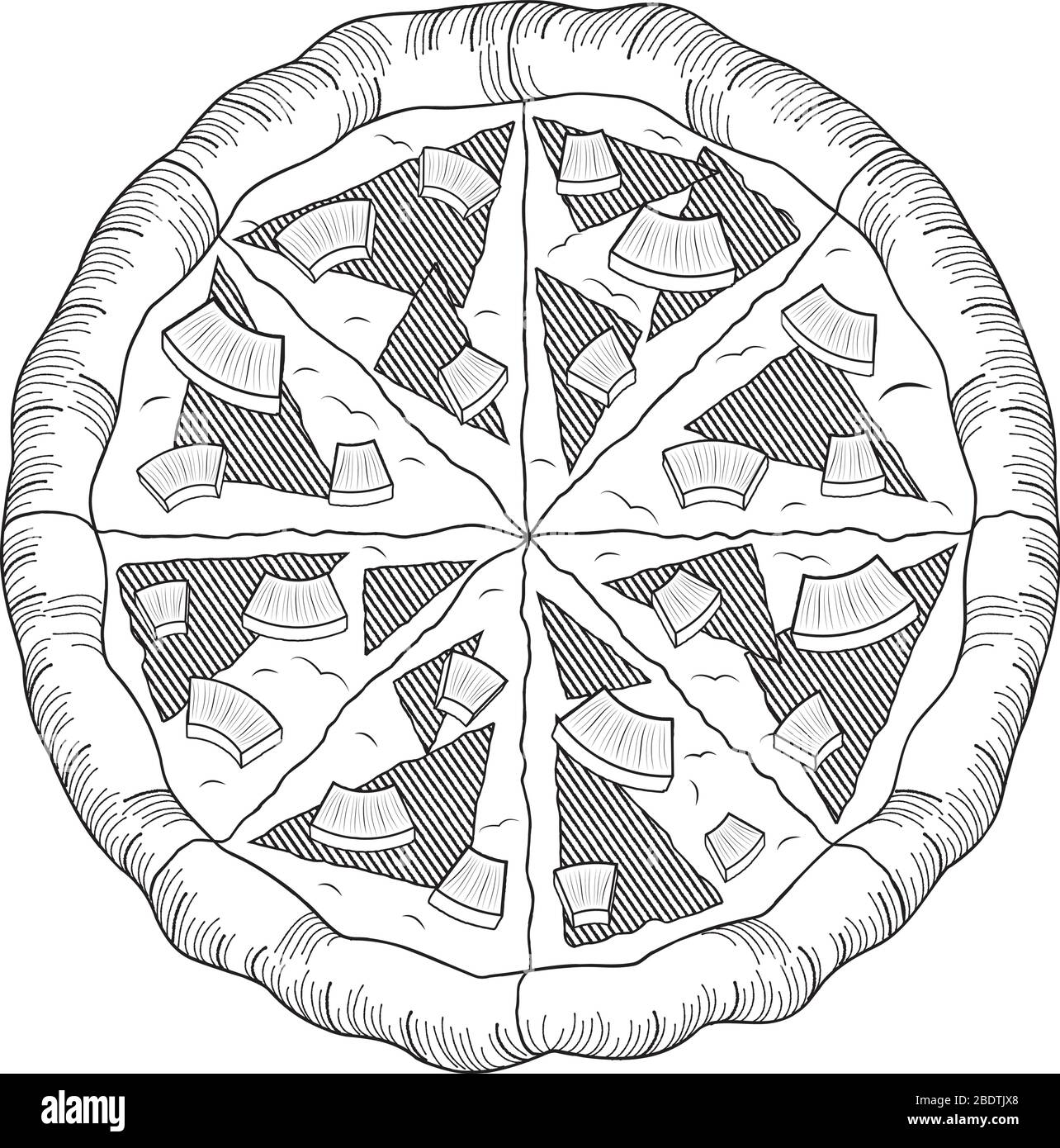 Hawaiian pizza (pineapple, ham) - black and white illustration/ drawing ...