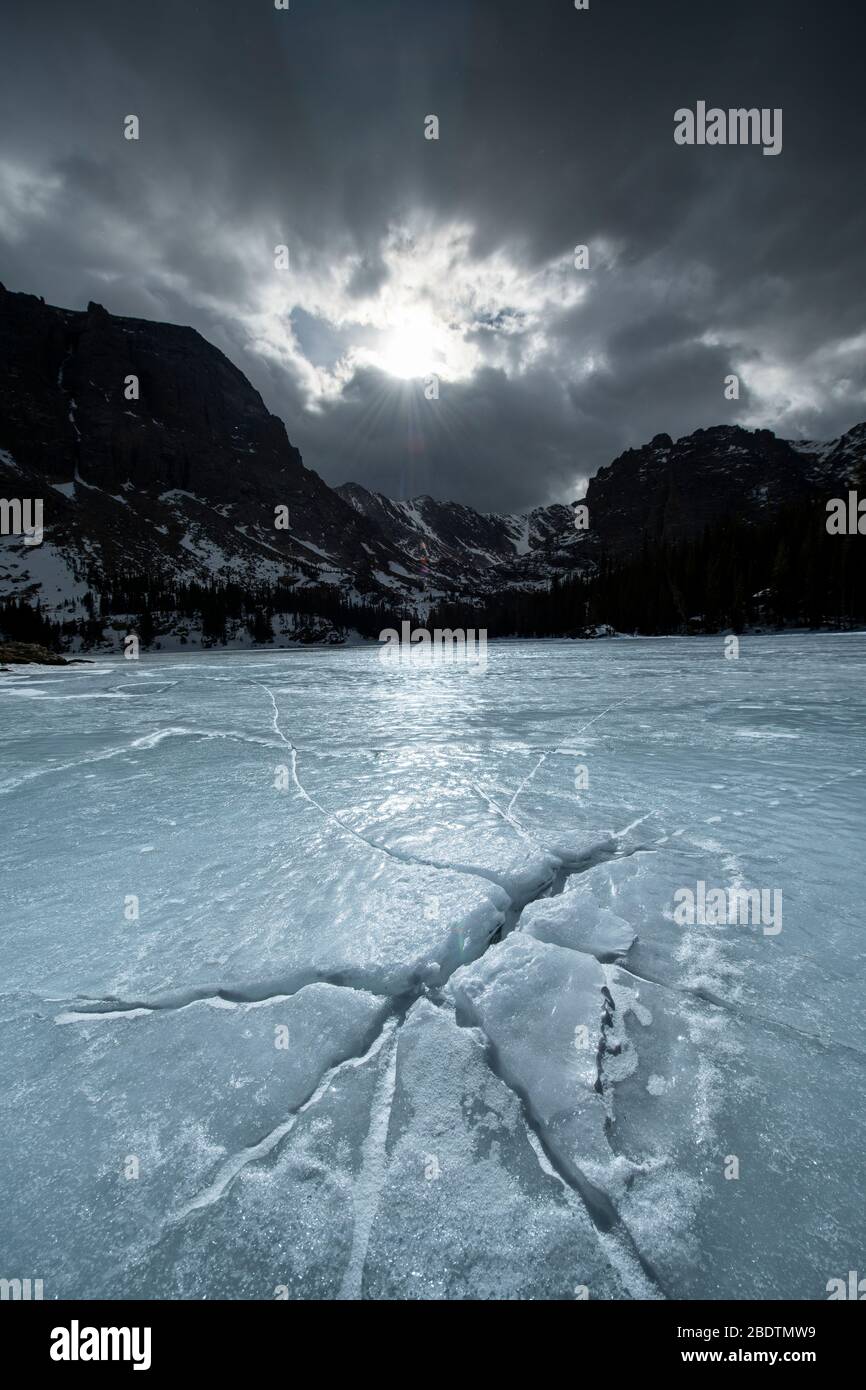 Sky Pond Frozen Over in A Colorado Winter Stock Photo - Alamy