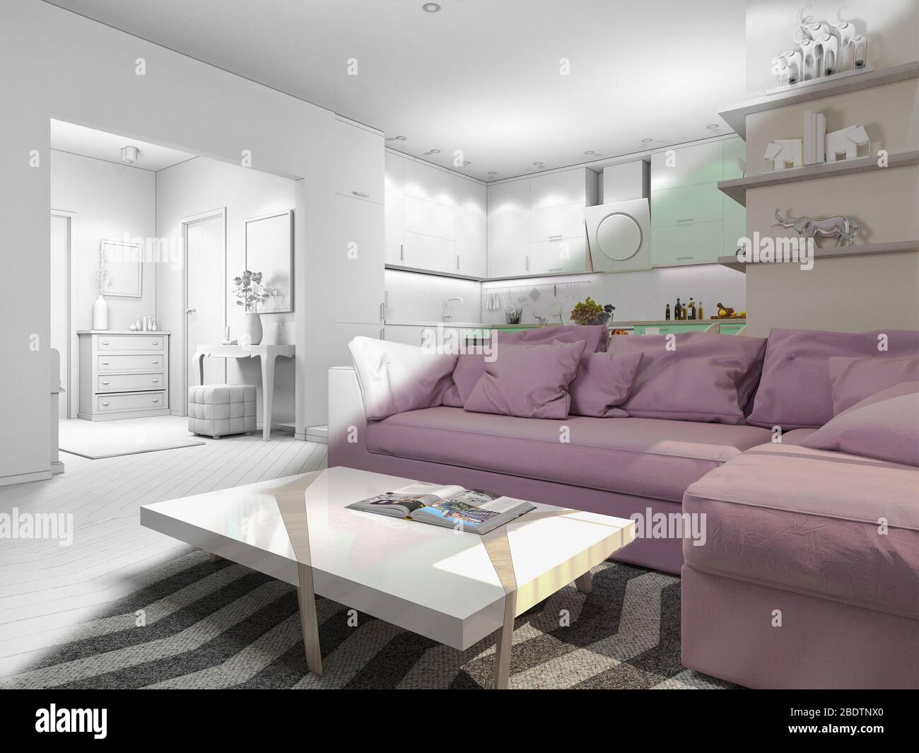 3d illustration of small apartments in pastel colors. Interor design ...