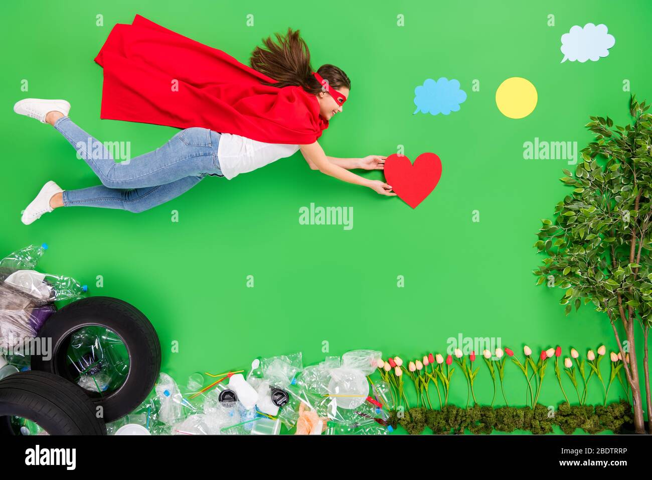 Full body flat lay photo activist lady grow flowers take care nature ...