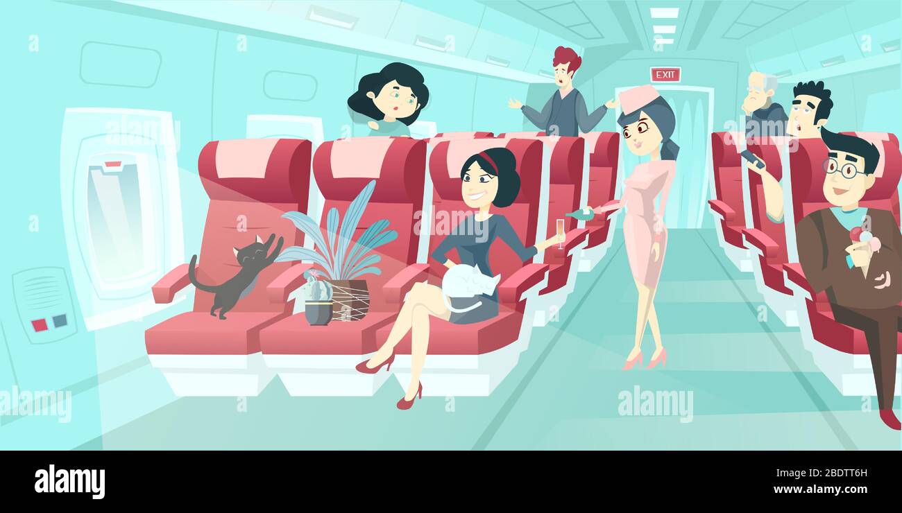Vector of various passengers inside airplane on the flight to travel ...