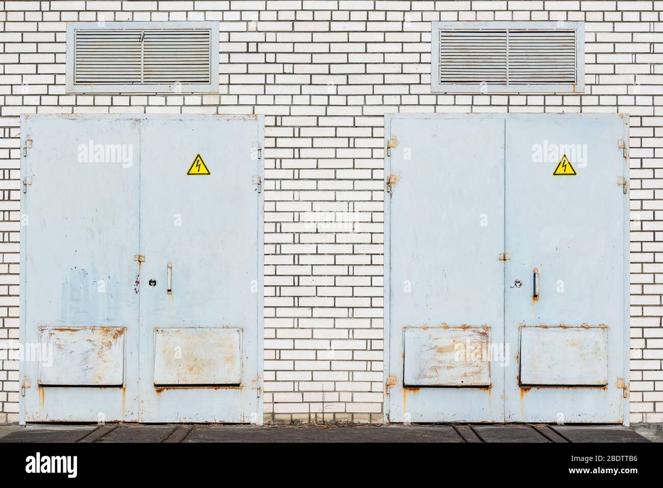 Metal doors of the entrance to the electrical substation Stock Photo ...