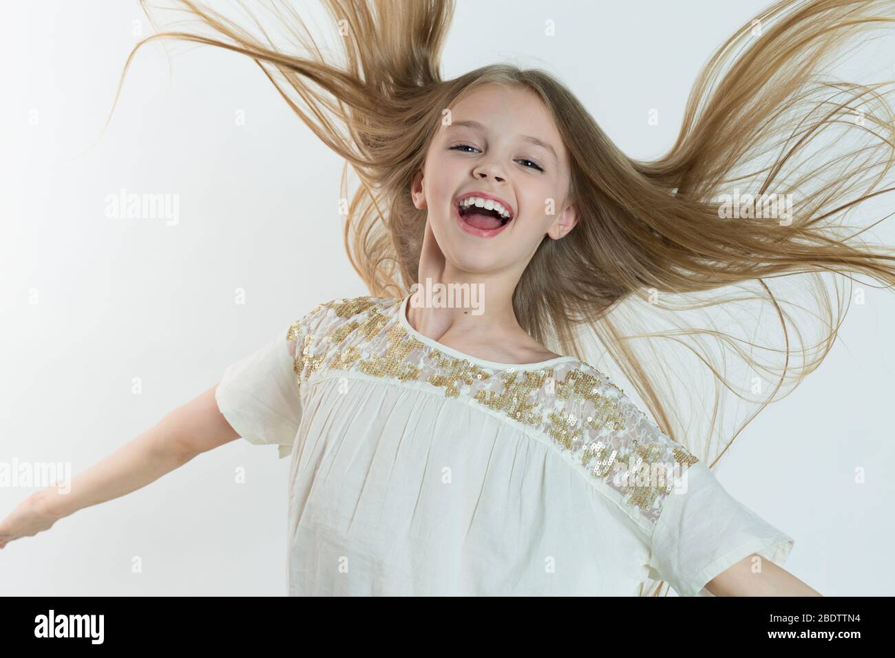 Young girl child singing shouting. Smile, gorgeous. Portrait closeup ...