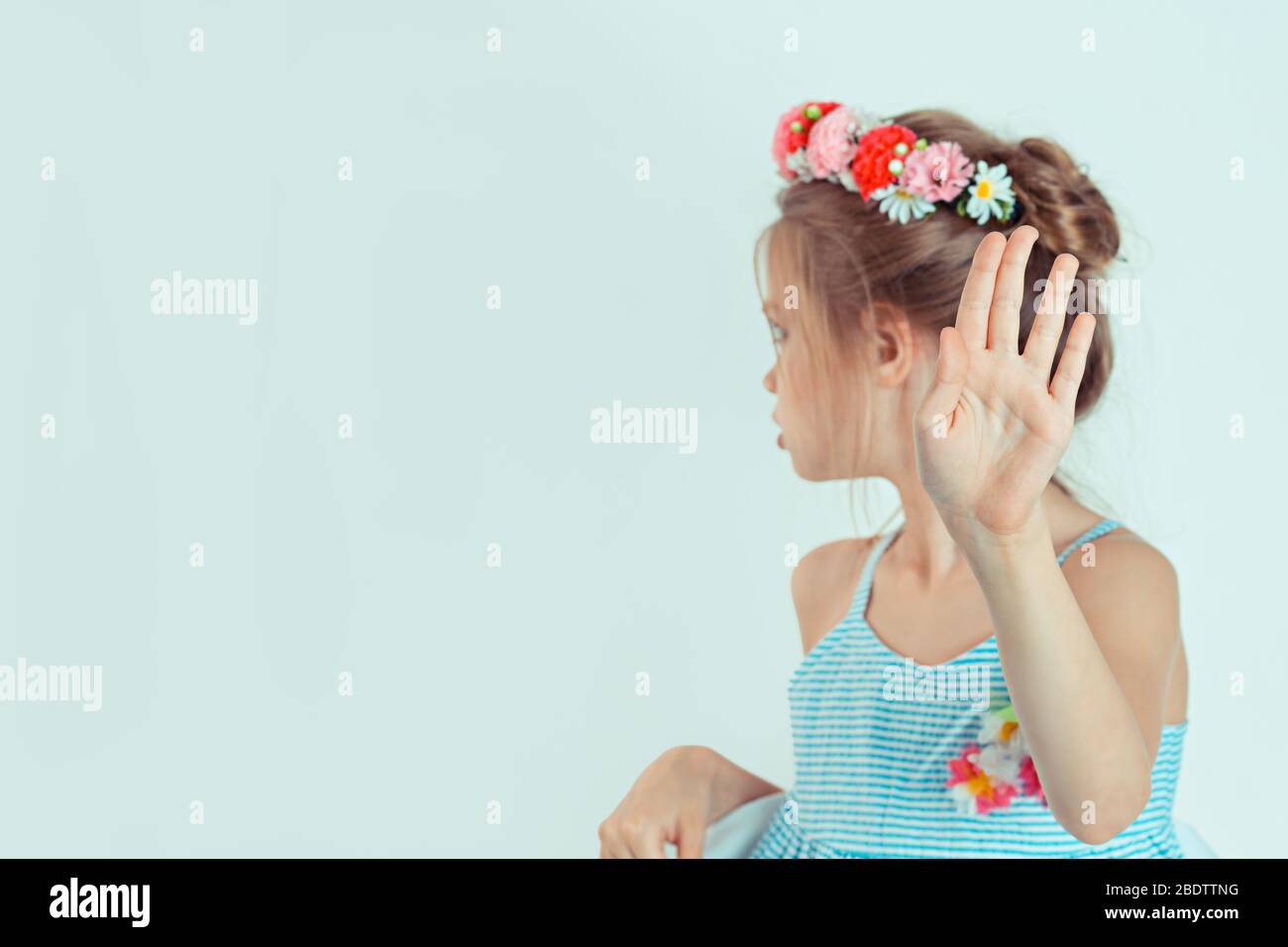 No. Stop! Closeup girl showing hand signaling to stop violence and pain ...