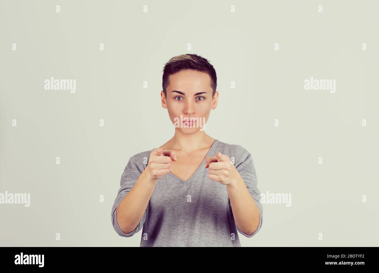 It's you! Portrait angry annoyed pin up retro style woman getting mad ...