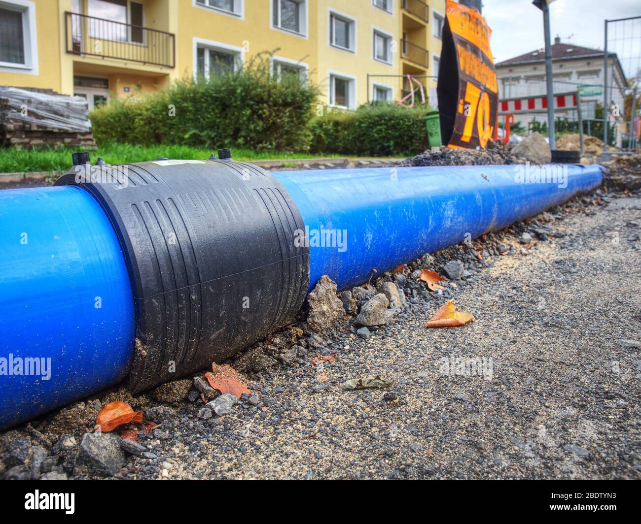 HDPE pipe weld for connecting the water pipe system. Temporary street ...