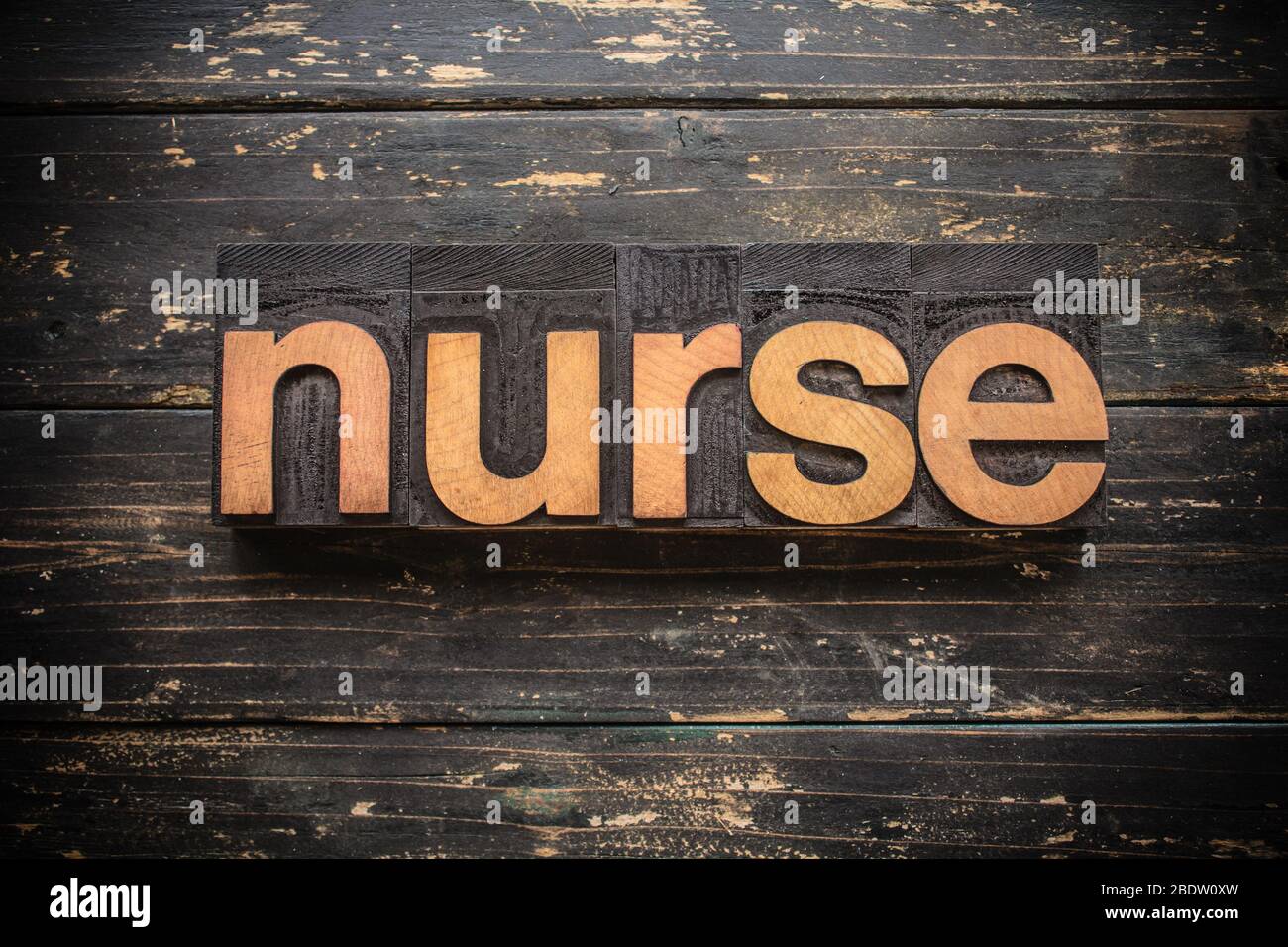 The word "NURSE" written in vintage wood letterpress type on a vintage ...