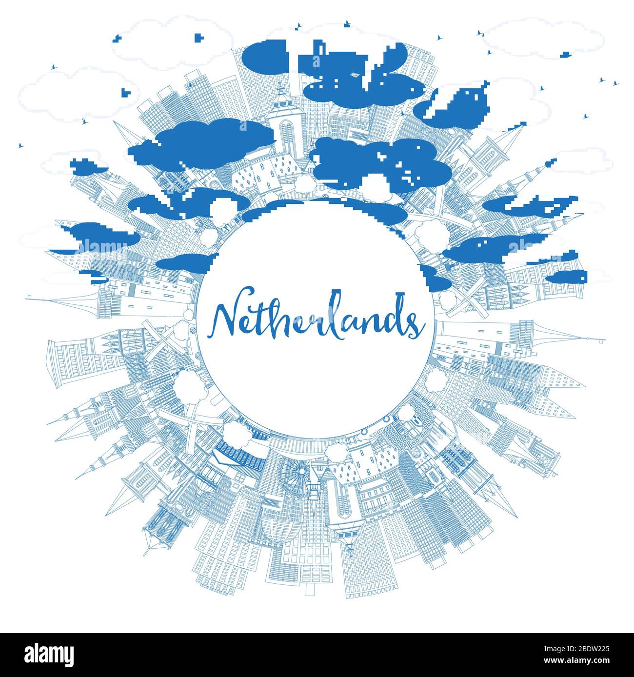 Outline Netherlands Skyline with Blue Buildings and Copy Space. Vector ...