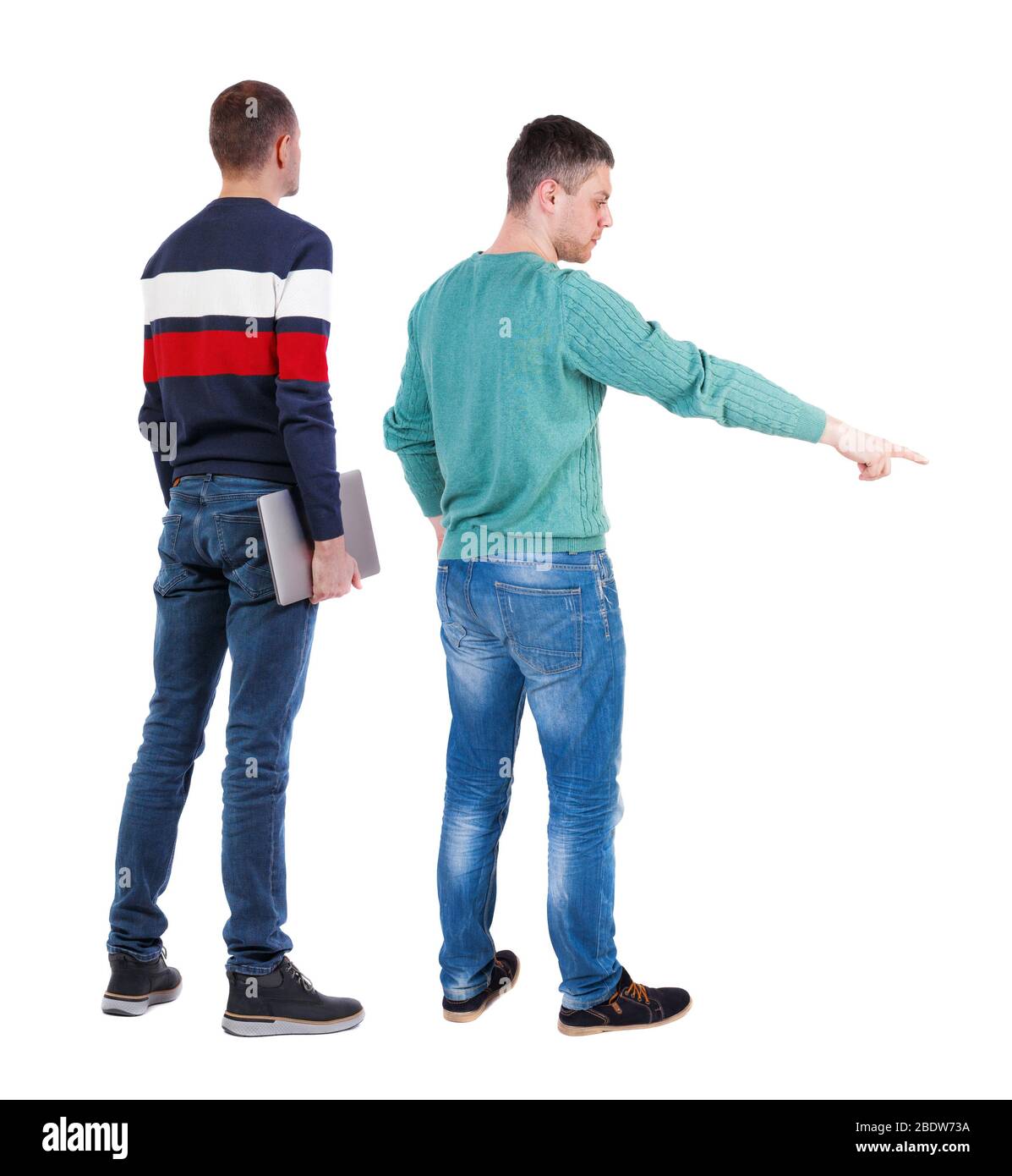 Back view two man in sweater with laptop. Rear view people collection ...