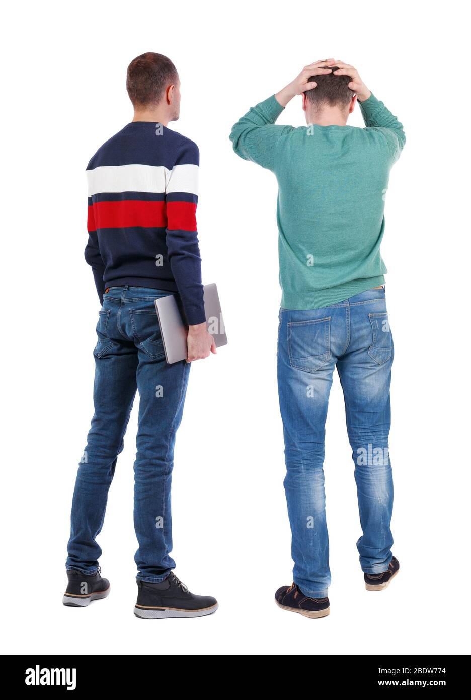 Back view two man in sweater with laptop. Rear view people collection ...