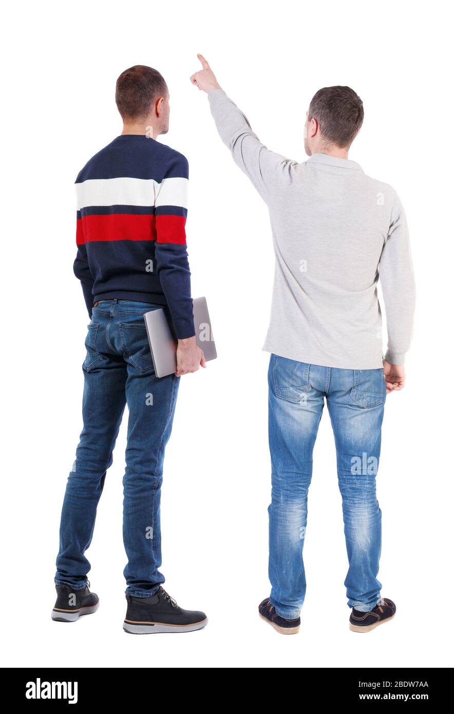Back view two man in sweater with laptop. Rear view people collection ...