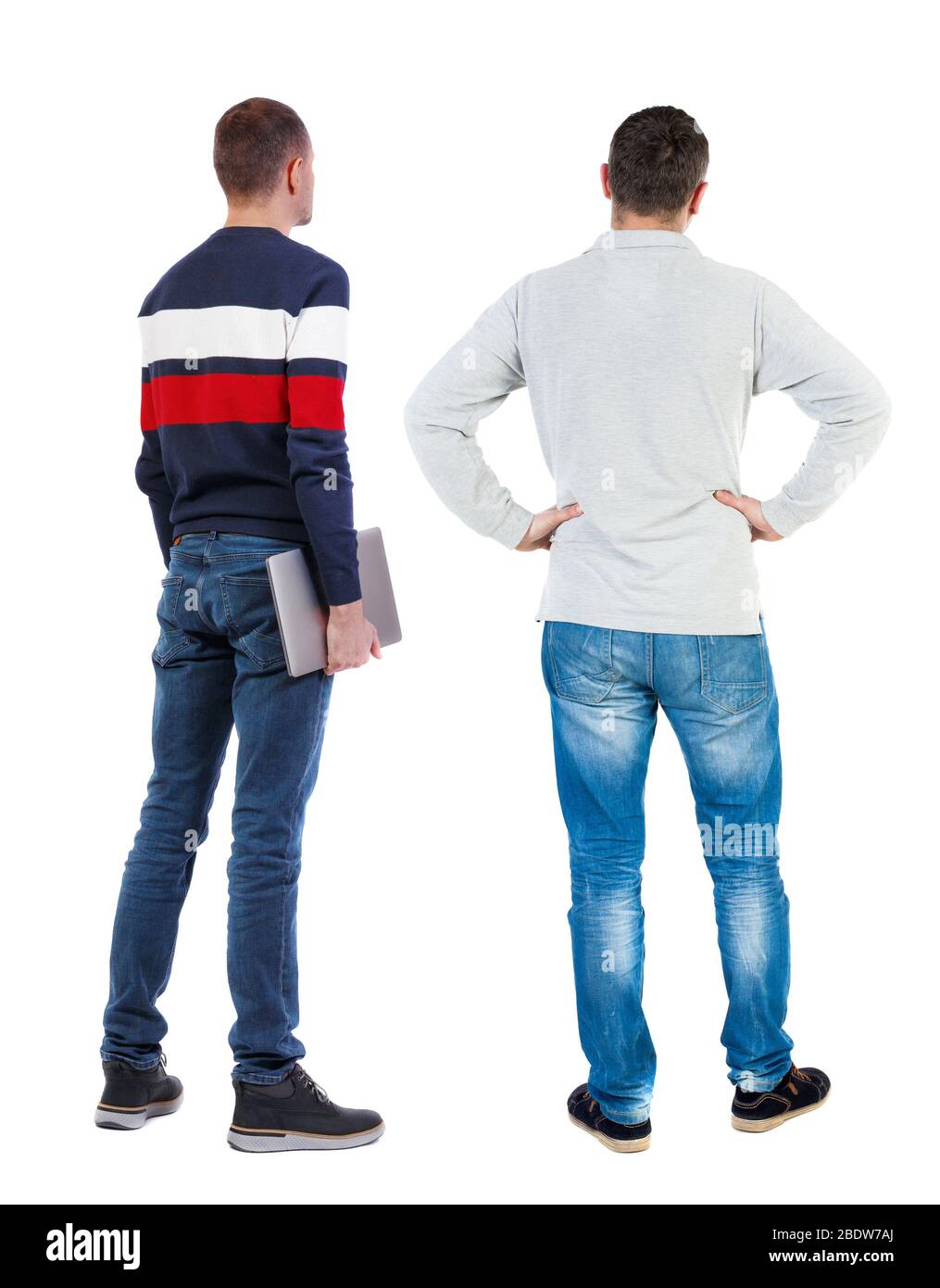 Back view two man in sweater with laptop. Rear view people collection ...