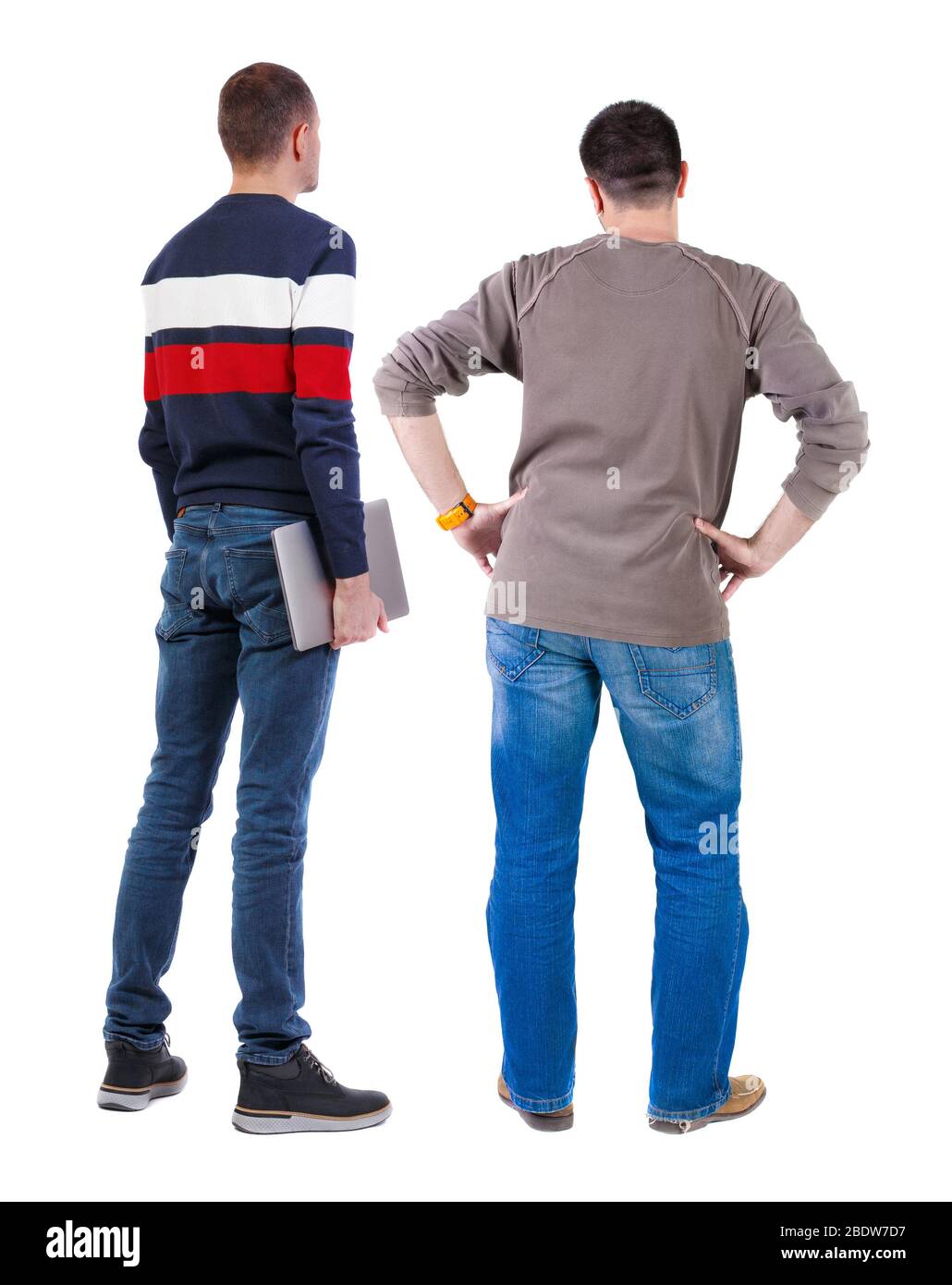 Back view two man in sweater with laptop. Rear view people collection ...