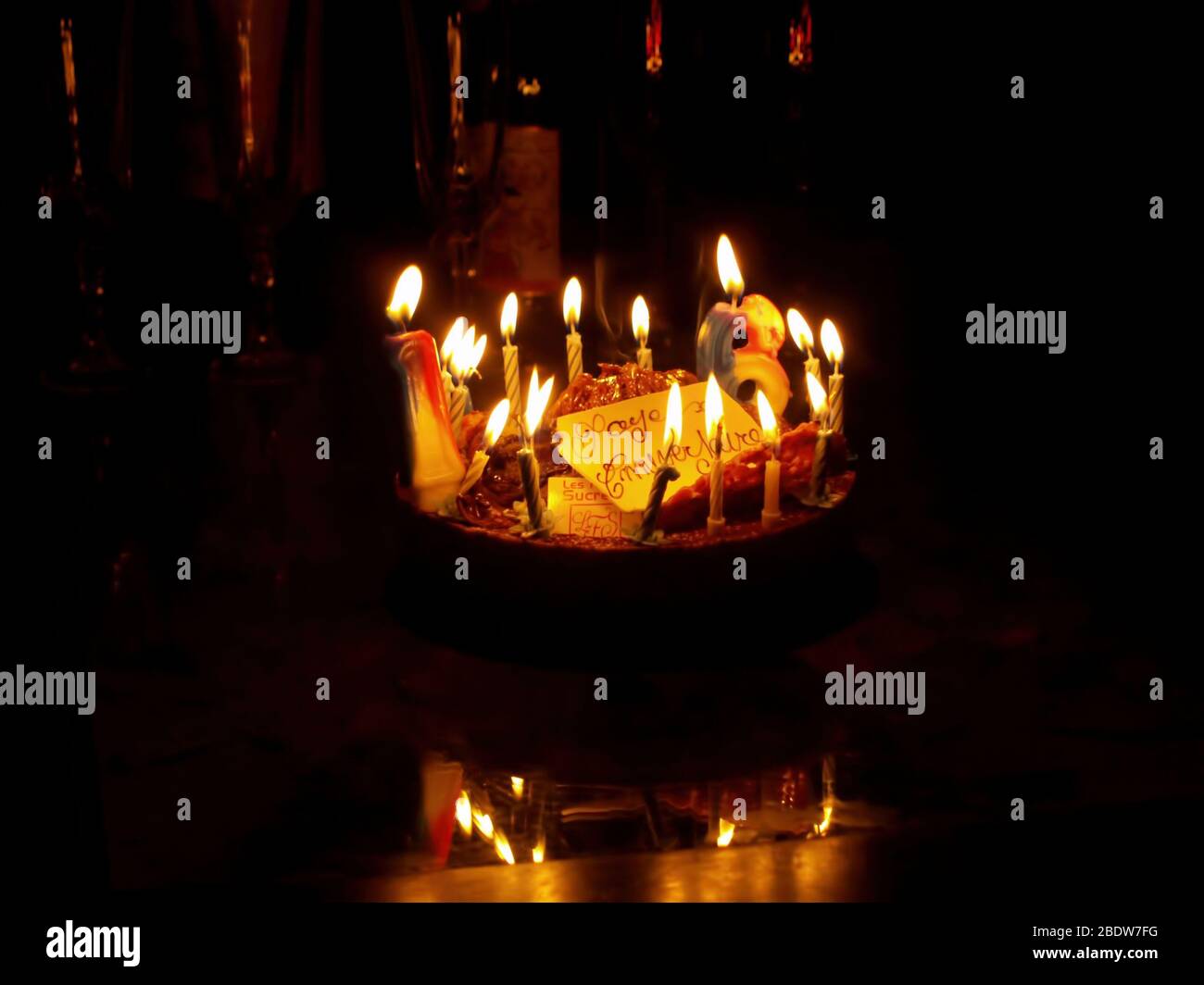 Beautiful birthday cake with burning candles in the night Stock Photo ...