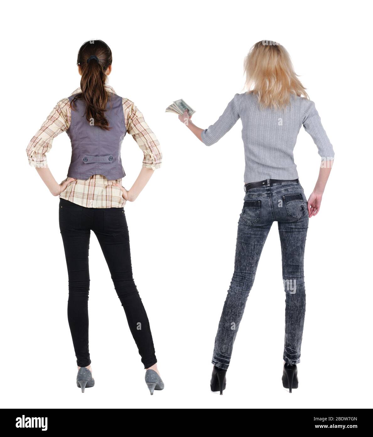 Back view of two woman in sweater. Rear view people collection ...