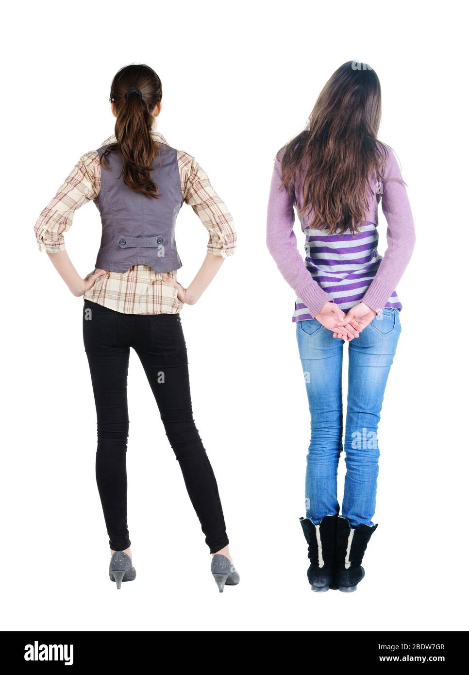 Back view of two woman in sweater. Rear view people collection ...