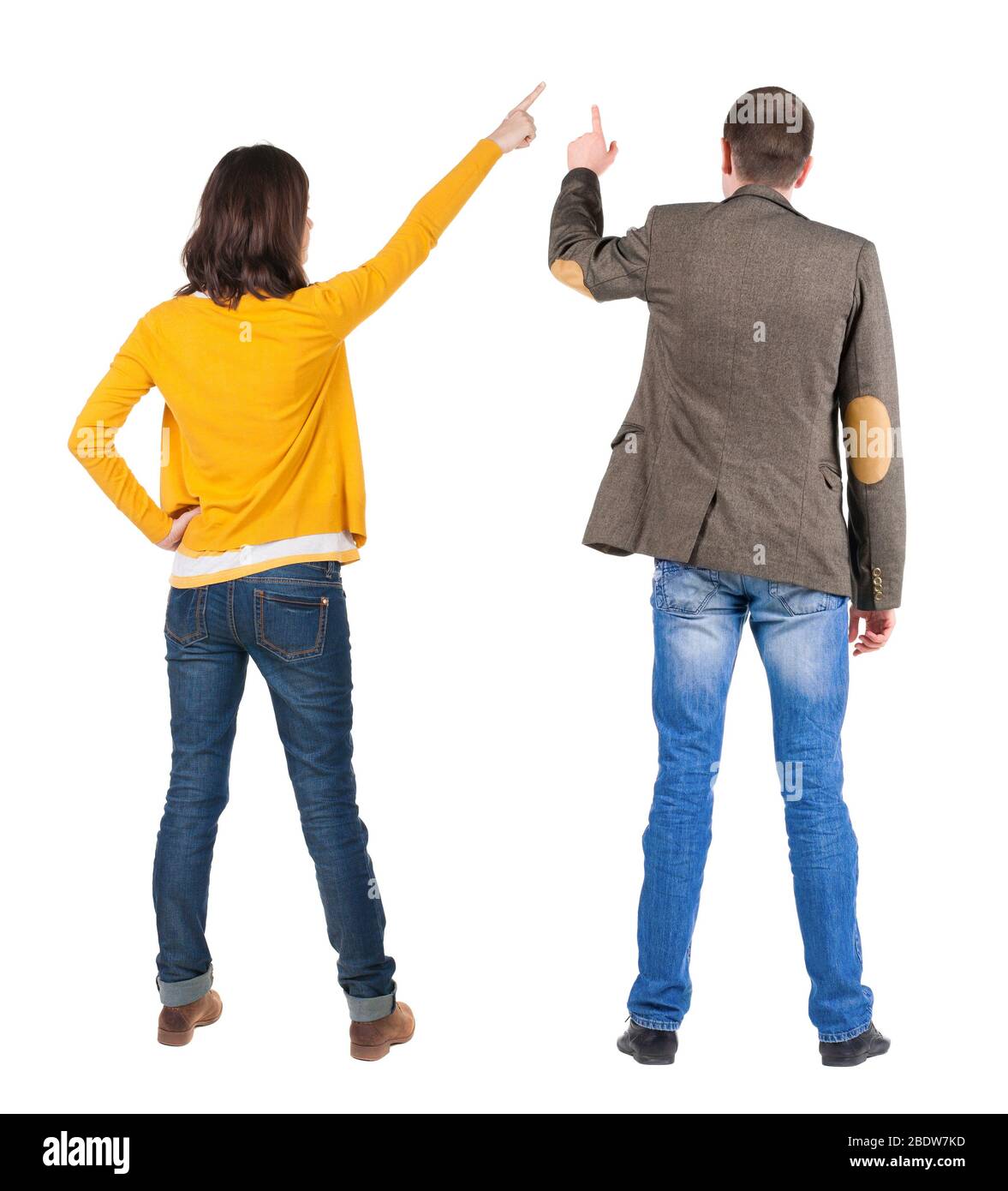 Back view of couple in sweater pointing. Rear view people collection ...