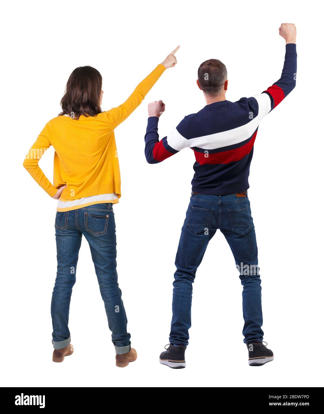 Back view of couple in sweater pointing. Rear view people collection ...