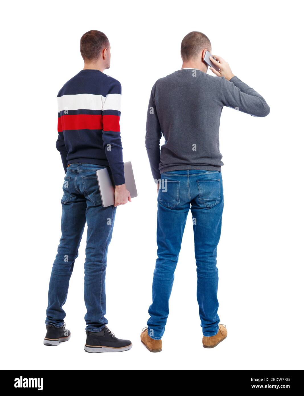 Back view two man in sweater with laptop. Rear view people collection ...