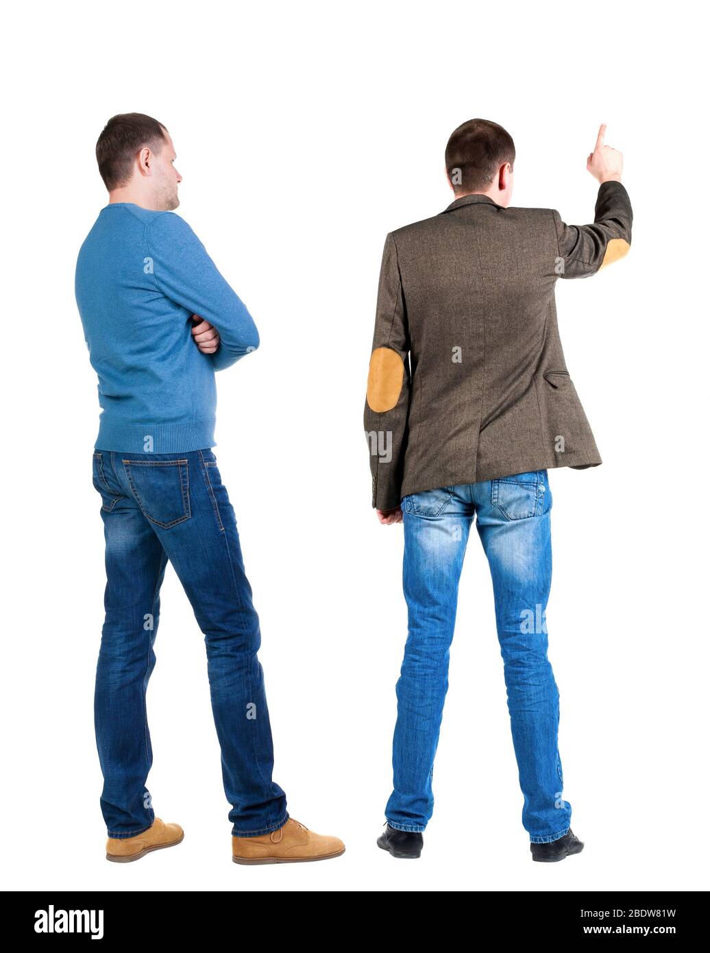 Back view of two man in sweater pointing. Rear view people collection ...
