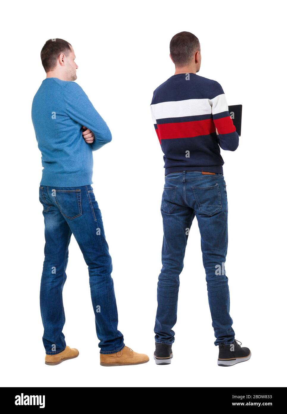 Back view two man in sweater with laptop. Rear view people collection ...