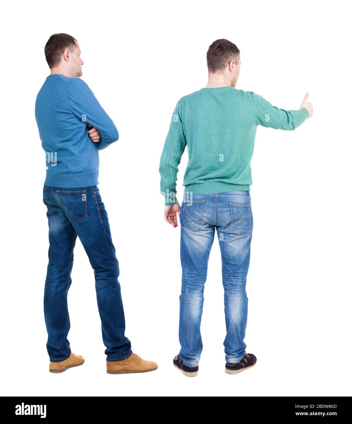 Back view two man in sweater showing thumb up. Rear view people ...
