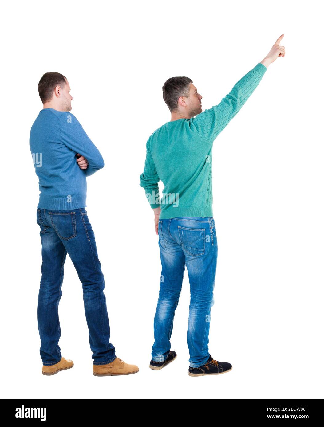 Back view of two man in sweater pointing. Rear view people collection ...