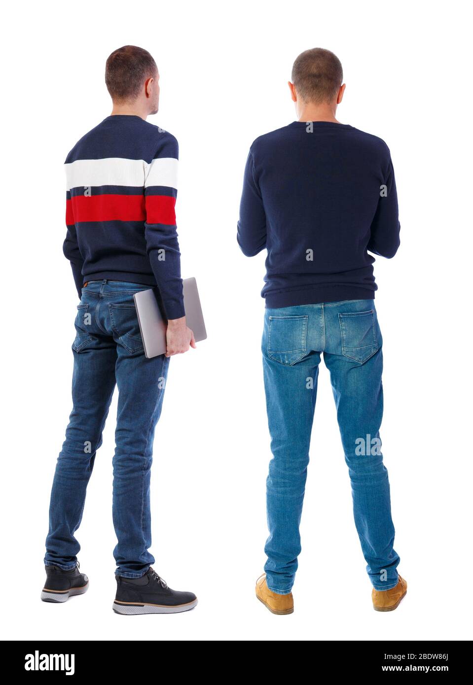 Back view two man in sweater with laptop. Rear view people collection ...