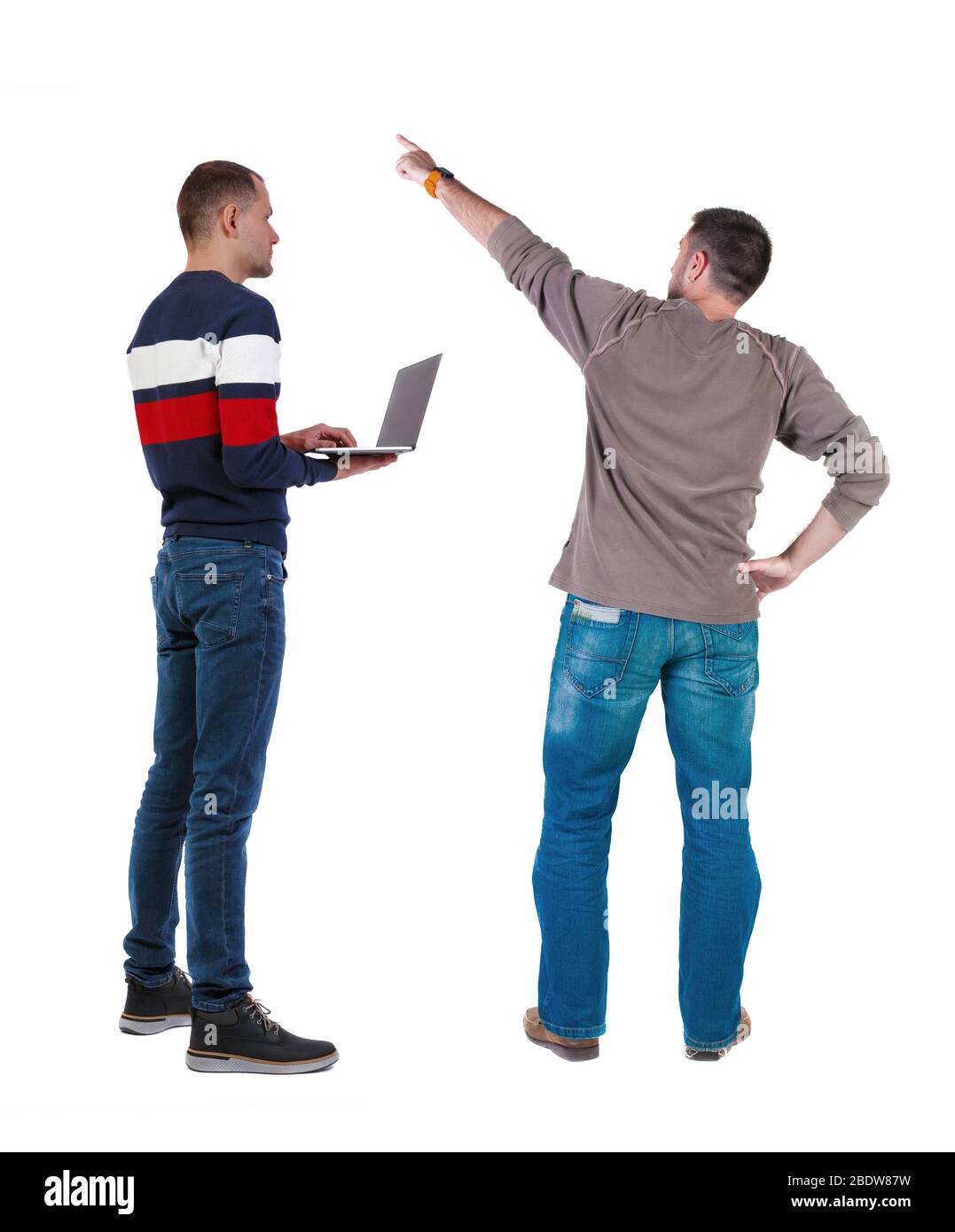 Back view two man in sweater with laptop. Rear view people collection ...