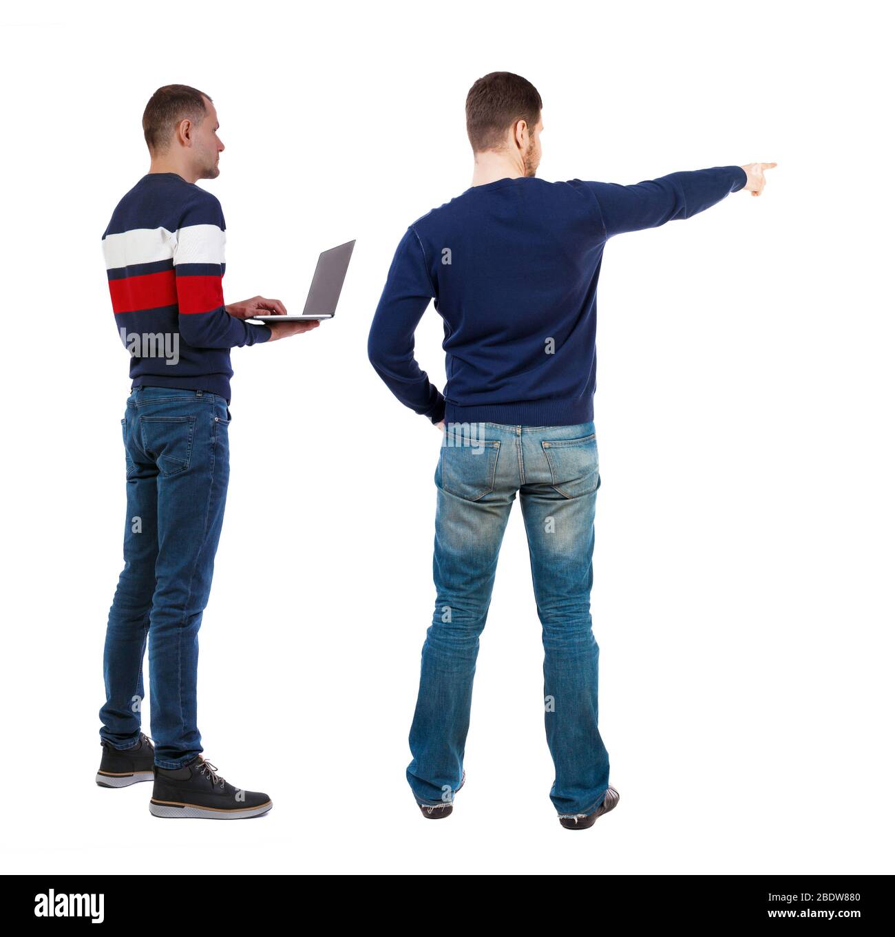 Back view two man in sweater with laptop. Rear view people collection ...
