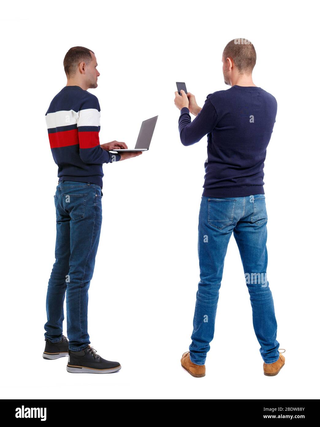 Back view two man in sweater with laptop. Rear view people collection ...