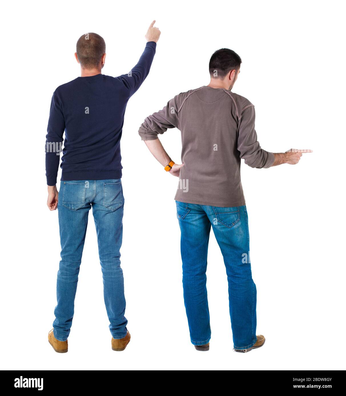 Back view of two man in sweater pointing. Rear view people collection ...
