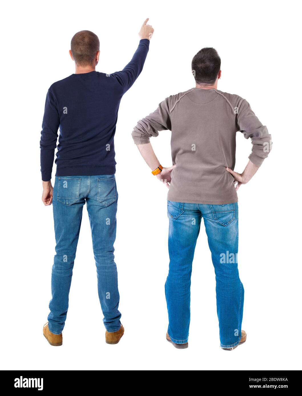 Back view of two man in sweater pointing. Rear view people collection ...
