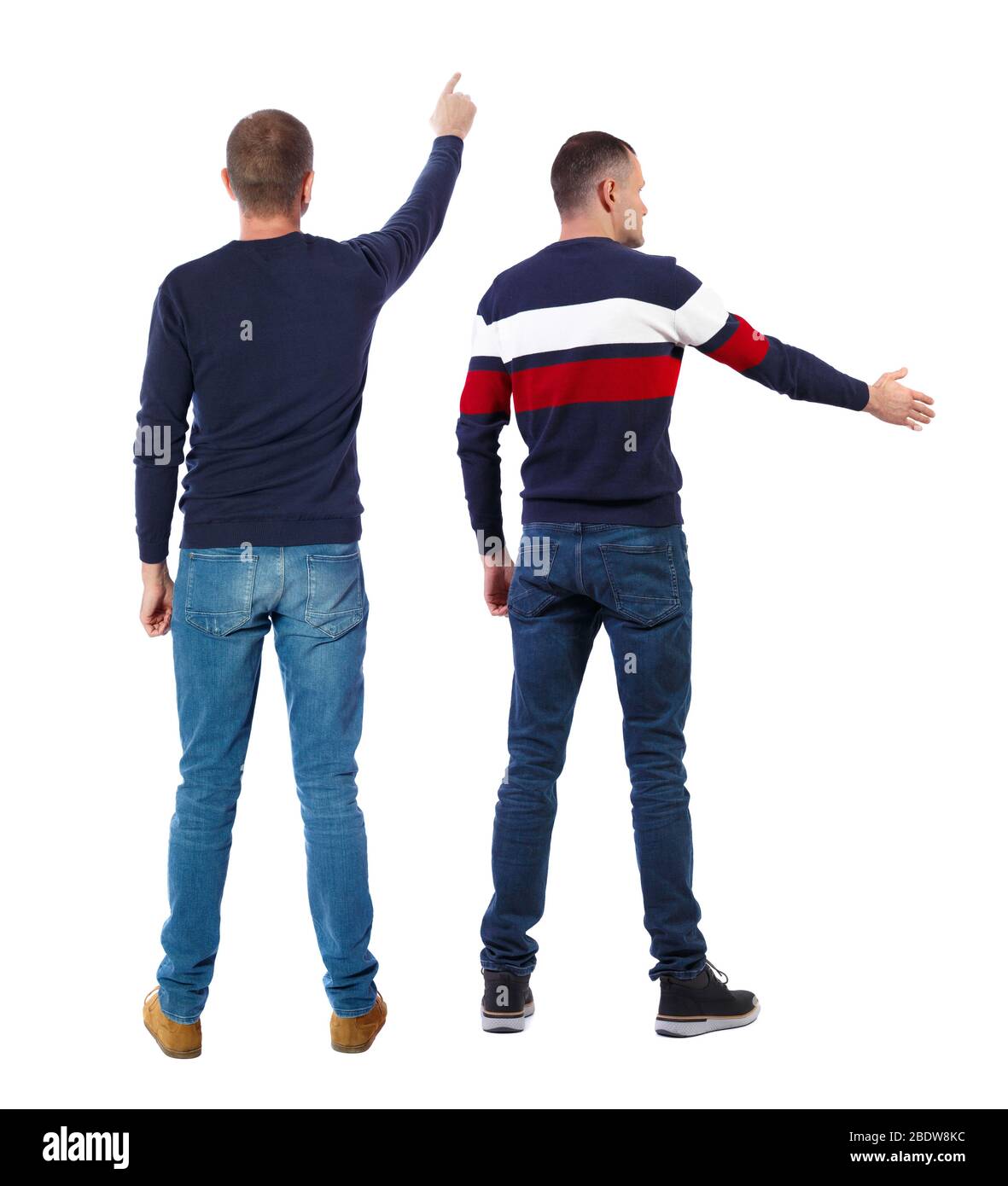 Back view of two man in sweater pointing. Rear view people collection ...