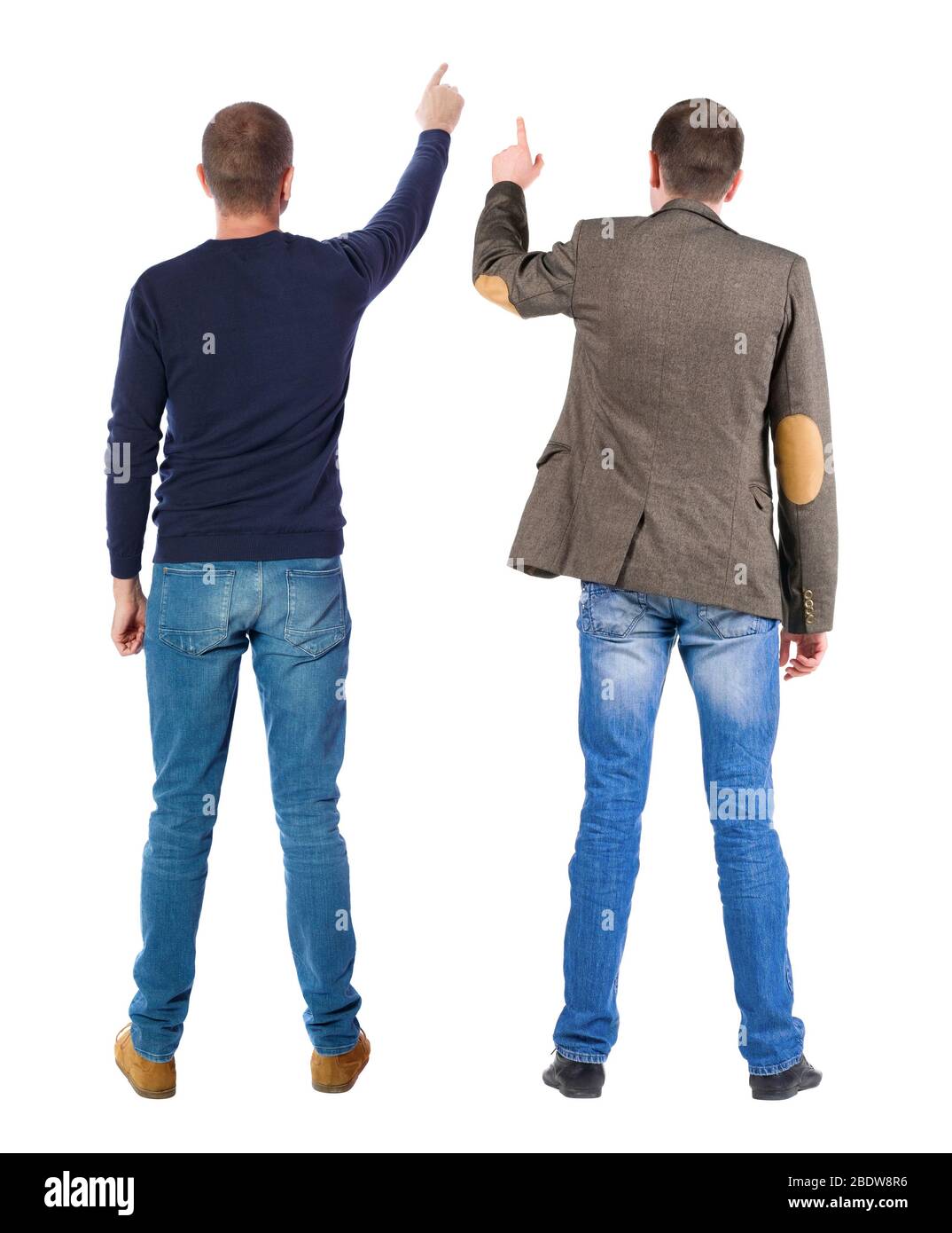 Back view of two man in sweater pointing. Rear view people collection ...