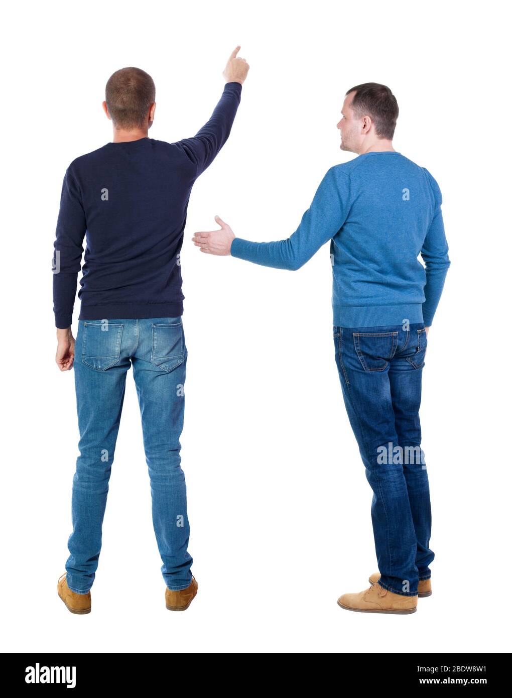 Back view of two man in sweater pointing. Rear view people collection ...