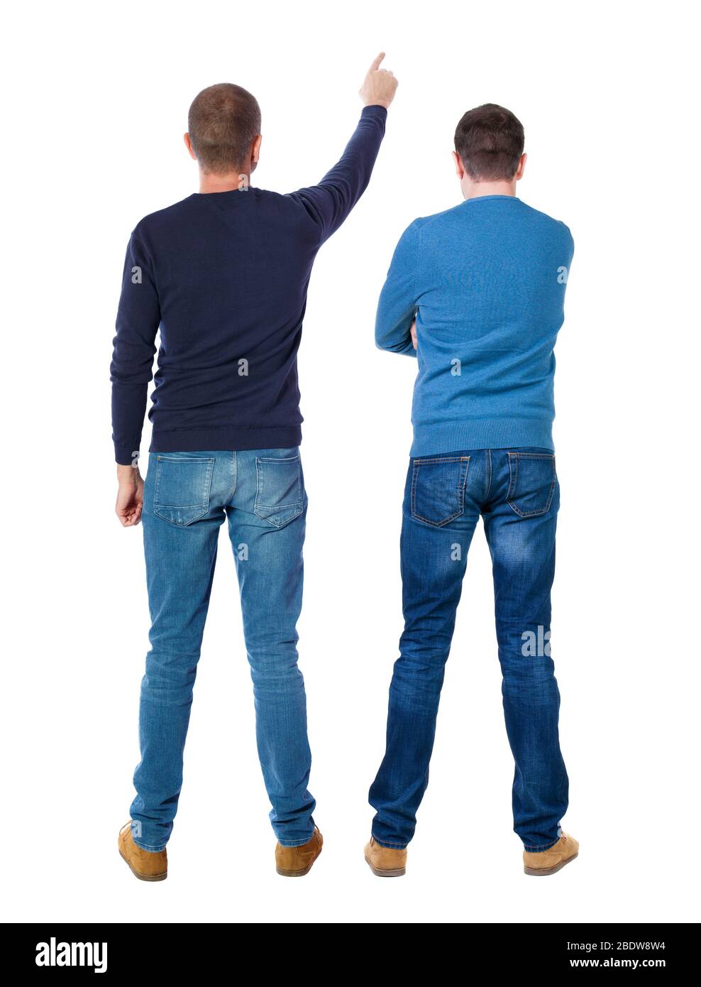 Back view of two man in sweater pointing. Rear view people collection ...