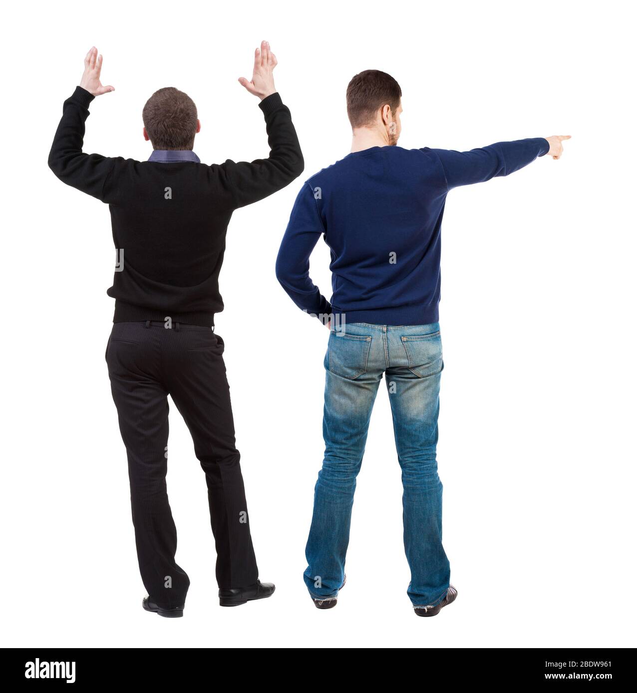Back view of two man in sweater pointing. Rear view people collection ...