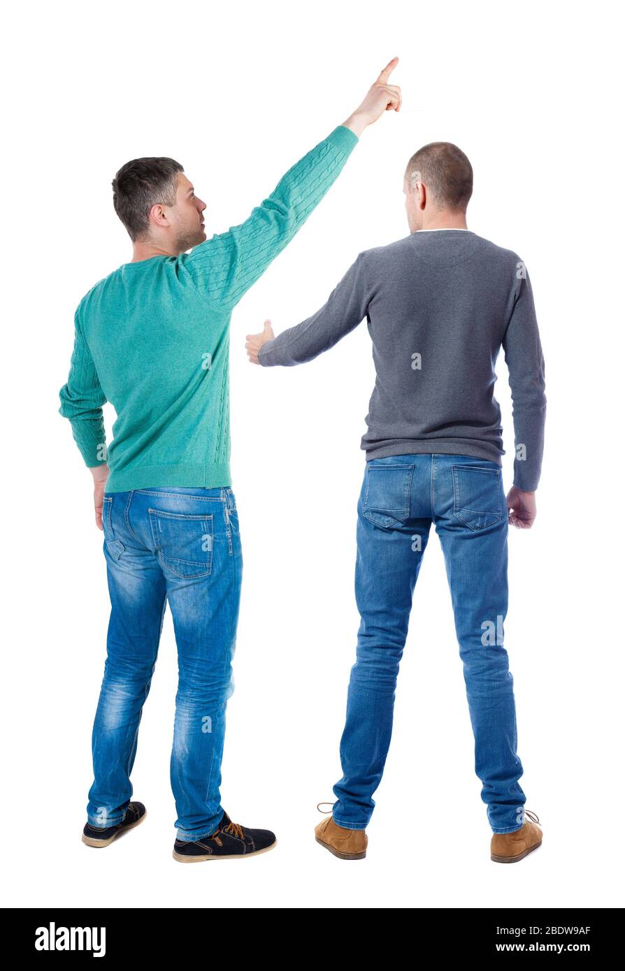 Back view of two man in sweater pointing. Rear view people collection ...