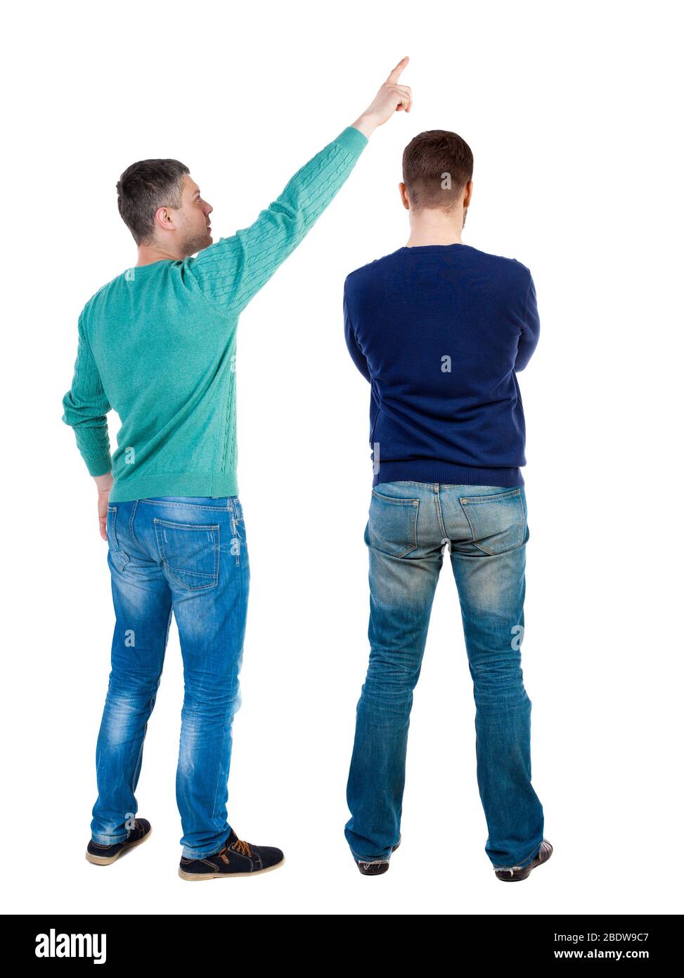 Back view of two man in sweater pointing. Rear view people collection ...