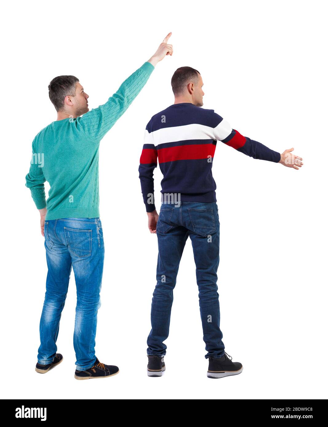 Back view of two man in sweater pointing. Rear view people collection ...