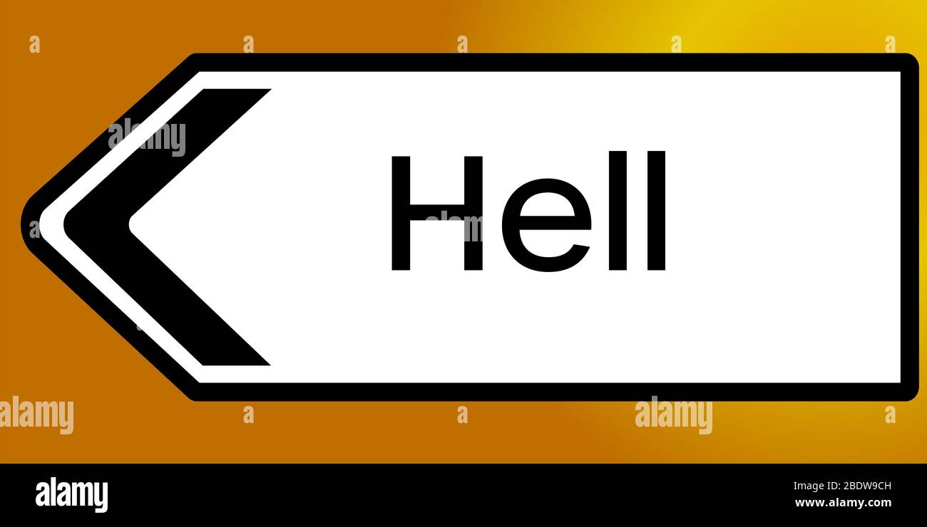 A graphic illlustration of a British road sign pointing to Hell Stock ...