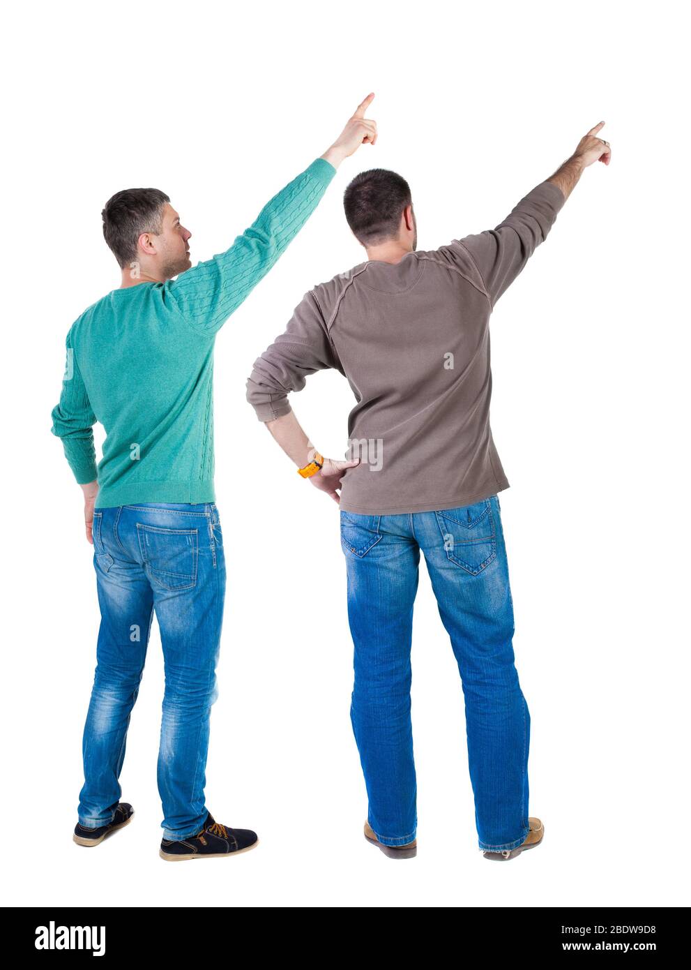 Back view of two man in sweater pointing. Rear view people collection ...