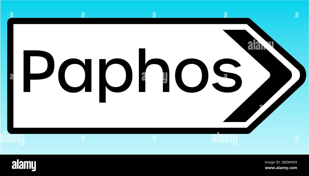 A graphic illlustration of a British road sign pointing to Paphos Stock ...