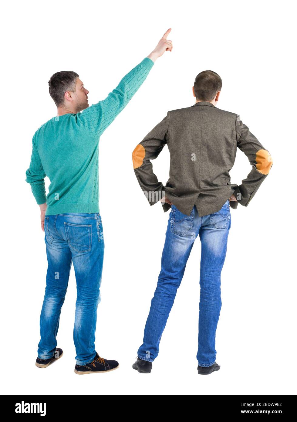 Back view of two man in sweater pointing. Rear view people collection ...